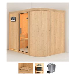 Sauna Karibu "Thyra 4", beige (naturbelassen), Bio-Kombiofen, externe Steuerung, 9 kW, Saunen, 9-kW-Bio-Ofen mit externer Steuerung