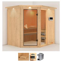 Sauna Karibu "Frigga 2", beige (naturbelassen), Bio-Kombiofen, externe Steuerung, 9 kW, Saunen, 9-kW-Bio-Ofen mit externer Steuerung