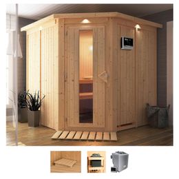 Sauna Karibu "Jarin", beige (naturbelassen), Bio-Kombiofen, externe Steuerung, 9 kW, Saunen, 9-kW-Bio-Ofen mit externer Steuerung