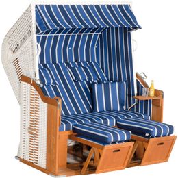 Strandkorb SUNNYSMART "Rustikal 250 Plus XL, TOPSELLER", weiß (korpus: natur, weiß bezug: blau), StrandkörbeB:145cm H:160cm T:90cm, 2 XL-Sitzer, komplett montiert, Oberkorb in einem Stück geflochten, B:145cm H:160cm T:90cm