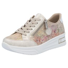 Plateausneaker Rieker, Damen, Gr. 43, bunt (beige multi), Leder, Lederimitat, metallic, Sportlich, Schuhe, Freizeitschuh, Schnürschuh, Halbschuh mit dezentem Goldschimmer