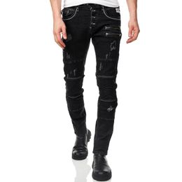 Slim-fit-Jeans Rusty Neal "MISATO", Herren, Gr. 38, Länge 32, schwarz (blau), 98% Baumwolle, 2% Elasthan, unifarben, Jeans, im modischen Used-Look