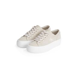 Plateausneaker Calvin Klein Jeans "VULC FLATFORM LOW CV MG", Damen, Gr. 42, beige (natur, weiß), Textil, Sportlich, Schuhe, Schnürschuh, Freizeitschuh, Halbschuh mit seitlichem Logo