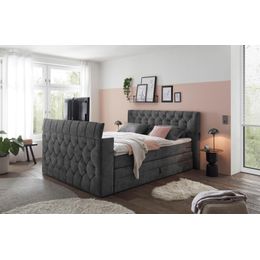 Boxspringbett ED EXCITING DESIGN "Springdale", grau (anthrazit), B:203cm L:243cm, 100% Polyester, Komplettbetten, mit Bettkasten, motorisierter TV-Halterung, Duo-Matratze (H3/H4)