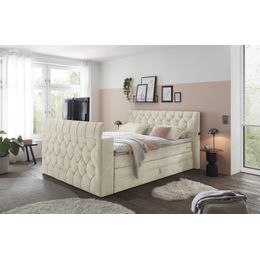 Boxspringbett ED EXCITING DESIGN "Springdale", beige (creme), B:203cm L:243cm, 100% Polyester, Komplettbetten, mit Bettkasten, motorisierter TV-Halterung, Duo-Matratze (H3/H4)