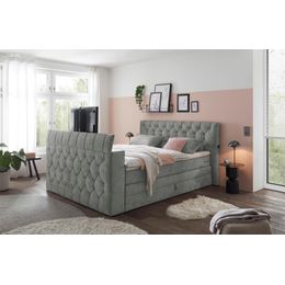 Boxspringbett ED EXCITING DESIGN "Springdale", grau, B:203cm L:243cm, 100% Polyester, Komplettbetten, mit Bettkasten, motorisierter TV-Halterung, Duo-Matratze (H3/H4)