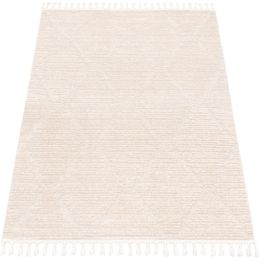 Paco Home Teppich &raquo;Auckland 291&laquo; rechteckig 21 mm H&ouml;he Kurzflor, Uni-Farben, Rauten Design, Hoch-Tief-Effekt, mit Fransen creme Obermaterial: 100%...