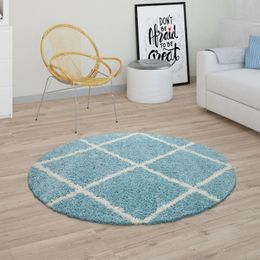 Paco Home Hochflor-Teppich &raquo;Kalmar 441&laquo; rund 40 mm H&ouml;he Scandi Design, Rauten Muster, weich & kuschelig t&uuml;rkis Obermaterial: 100% Polypropylen &Oslash;...