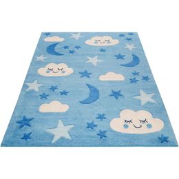 Smart Kids Kinderteppich &raquo;LaLeLu&laquo; rechteckig 9 mm H&ouml;he Mond Sterne Wolken, Konturenschnitt blau Obermaterial: 100% Polyester B : 160 cm 1 Stk.