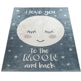 Paco Home Kinderteppich »Aleyna 103« rechteckig 6 mm Höhe Kinder Design, niedliches Mond Motiv mit Schriftzug, Kinderzimmer grau Obermaterial: 100%...