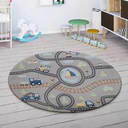 Paco Home Kinderteppich »Chicos 562« rund 4 mm Höhe Flachgewebe, Straßen-Spiel-Teppich, Kinderzimmer grau Obermaterial: 100% Polyester Ø 120 cm 1...