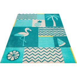 Smart Kids Kinderteppich »Fruity Flamingo« rechteckig 9 mm Höhe Flamingos Palmen, Konturenschnitt blau Obermaterial: 100% Polyester B : 120 cm 1...