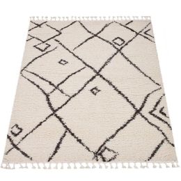 Paco Home Hochflor-Teppich &raquo;Orebro 171&laquo; rechteckig 44 mm H&ouml;he modernes Rauten Muster, besonders weich & kuschelig, mit Fransen beige Obermaterial:...