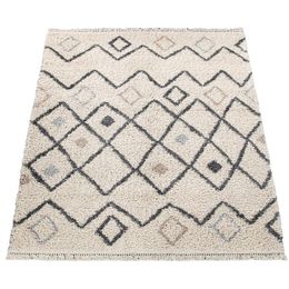 Paco Home Hochflor-Teppich »Wooly 286« rechteckig 39 mm Höhe Berber Design, Rauten Motiv, weich & kuschelig, mit Fransen cream Obermaterial: 100%...