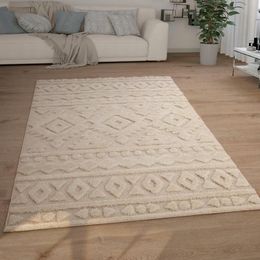 Paco Home Hochflor-Teppich »Genua 746« rechteckig 34 mm Höhe Uni Farben, Hoch-Tief Effekt, modernes Design, sehr weicher Flor creme Obermaterial:...