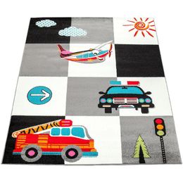 Paco Home Kinderteppich &raquo;ECE 998&laquo; rechteckig 14 mm H&ouml;he Kurzflor, Karo Muster mit Stra&szlig;en Motiven, Kinderzimmer grau Obermaterial: 100%...