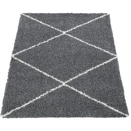 Paco Home Hochflor-Teppich &raquo;Kalmar 442&laquo; rechteckig 40 mm H&ouml;he Scandi Design, Rauten Muster, weich & kuschelig anthrazit Obermaterial: 100%...
