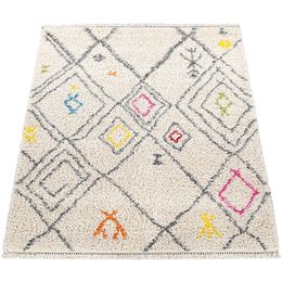 Paco Home Hochflor-Teppich »Wooly 284« rechteckig 39 mm Höhe Berber Design, Rauten Motiv, weich & kuschelig, mit Fransen mehrfarbig Obermaterial:...