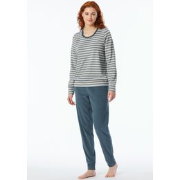 Schlafanzug Schiesser ""Casual Essentials"", Damen, Gr. 40, blau (816, jeansblau), Frottee, Obermaterial: 80% Baumwolle, 20% Polyester, gestreift, meliert, casual, bequem lang, Rundhals, Langarm, Homewear-Sets, mit Kontrastbesatz am Ausschnitt