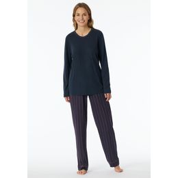 Schlafanzug Schiesser ""Comfort Nightwear"", Damen, Gr. 36, bunt (916, multicolor), Single Jersey, Obermaterial: 50% Baumwolle, 50% Modal, gestreift, unifarben, casual, bequem lang, Rundhals, Langarm, Homewear-Sets, mit cooler Muster-Hose