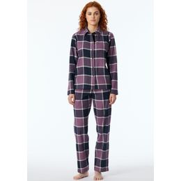 Pyjama Schiesser ""Selected Premium Warming"", Damen, Gr. 42, blau (804, nachtblau), Flanell, Obermaterial: 100% Baumwolle, kariert, klassisch, bequem lang, V-Ausschnitt, Langarm, Homewear-Sets, mit klassischem Karomuster