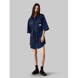 Jeanskleid Calvin Klein Jeans "UTILITY BELTED SHIRT DRESS", Damen, Gr. XS (34), N-Gr, blau (denim schwarz), Jersey, Obermaterial: 100% Baumwolle, unifarben, feminin, regular fit, Halbarm, Kleider, mit Logopatch