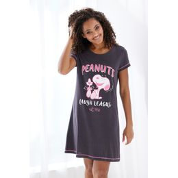 Nachthemd PEANUTS, Damen, Gr. 32/34, N-Gr, grau (dunkelgrau, pink gedruckt), Single Jersey, Obermaterial: 100% Baumwolle, unifarben, bedruckt, casual, Basic kurz, Rundhals, Kurzarm eingesetzt abgesteppte Kante kontrastfarben, Kleider, mit Snoopy Druck