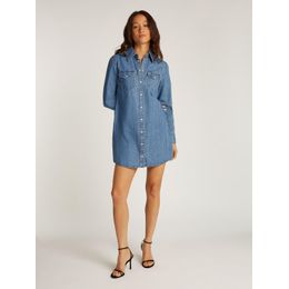 Jeanskleid Tommy Jeans "REGULAR WESTERN DRESS", Damen, Gr. M (38), N-Gr, blau (denim medium), Denim/Jeans, Obermaterial: 100% Baumwolle, unifarben, casual, regular fit mini, Langarm Ärmel mit Ärmelschlitz 2-Knopf-Manschette, Kleider, mit Logostickerei