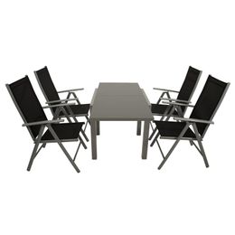 DEGAMO Garnitur MARINA 5-teilig, Aluminium silbergrau + Glas + Kunstgewebe schwarz