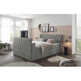 Boxspringbett, B:203cm L:243cm, grau, ED EXCITING DESIGN, 100% Polyester, Komplettbetten, "Springdale", mit Bettkasten, motorisierter TV-Halterung,