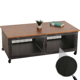 Couchtisch MCW-N28, Sofatisch, Rollen 2 F&auml;cher, 3D-Struktur Industrial Retro Metall Holz 45x120x60cm ~ schwarz, braun