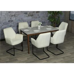 6er-Set Freischwinger MCW-G67, Esszimmerstuhl K&uuml;chenstuhl Stuhl, Stoff/Textil &Ouml;ko-Tex MVG ~ creme-beige