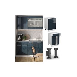 VICCO Schubunterschrank Fame-Line Wei&szlig; Dunkelblau Hochglanz 60 cm mit Arbeitsplatte Wei&szlig;-Marmor
