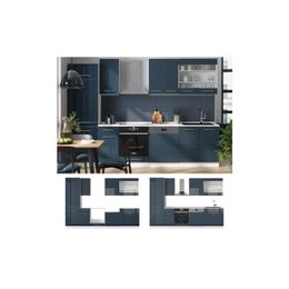 VICCO K&uuml;chenzeile Fame-Line Wei&szlig; Dunkelblau Hochglanz 300 cm mit Arbeitsplatte Anthrazit