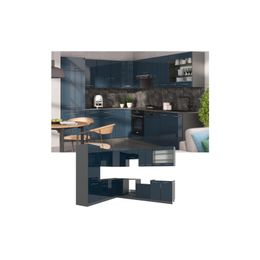 VICCO Eckk&uuml;che Fame-Line Anthrazit Dunkelblau Hochglanz 287x227 cm mit Arbeitsplatte Eiche