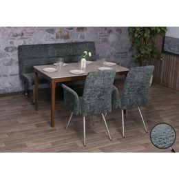 Esszimmer-Set MCW-G55, 2er-Set Stuhl mit Armlehne+Sitzbank 160cm, Edelstahl geb&uuml;rstet Stoff/Textil Chenille ~ blau-gr&uuml;n