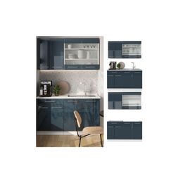 VICCO K&uuml;chenzeile Fame-Line Wei&szlig; Dunkelblau Hochglanz 140 cm mit Arbeitsplatte Wei&szlig;-Marmor