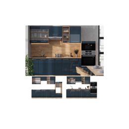 VICCO K&uuml;chenzeile Fame-Line Eiche Dunkelblau Hochglanz 280 cm mit Arbeitsplatte Eiche