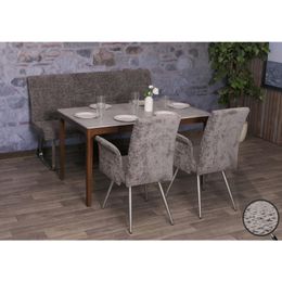 Esszimmer-Set MCW-G55, 2er-Set Stuhl mit Armlehne+Sitzbank 160cm, Edelstahl geb&uuml;rstet Stoff/Textil Chenille ~ dunkelgrau