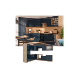 VICCO Eckk&uuml;che Fame-Line Eiche Dunkelblau Hochglanz 287x227 cm mit Arbeitsplatte Wei&szlig;-Marmor