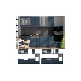 VICCO K&uuml;chenzeile Fame-Line Anthrazit Dunkelblau Hochglanz 300 cm mit Arbeitsplatte Eiche