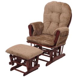 Relaxsessel MCW-C76, Schaukelstuhl Schwingstuhl mit Hocker Stoff Chenille (465g/m&sup2;) &Ouml;ko-Tex ~ hellbraun, Gestell dunkel