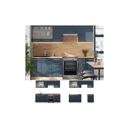 VICCO K&uuml;chenzeile Fame-Line Eiche Dunkelblau Hochglanz 240 cm mit Arbeitsplatte Wei&szlig;-Marmor