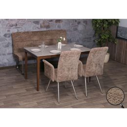Esszimmer-Set MCW-G55, 2er-Set Stuhl mit Armlehne+Sitzbank 160cm, Edelstahl geb&uuml;rstet Stoff/Textil Chenille ~ braun