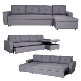 Ecksofa mit Bettkasten MCW-L16, Couch Sofa L-Form, Liegefl&auml;che rechts Nosagfederung Stoff/Textil 290cm ~ grau