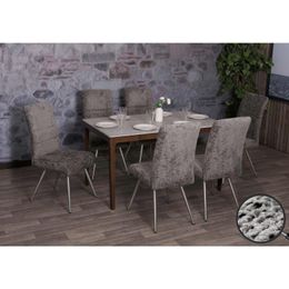 6er-Set Esszimmerstuhl MCW-G55, K&uuml;chenstuhl Lehnstuhl, Edelstahl geb&uuml;rstet Stoff/Textil Chenille &Ouml;ko-Tex ~ dunkelgrau
