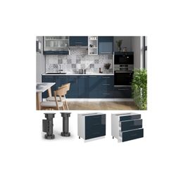 VICCO Schubladenunterschrank Fame-Line Wei&szlig; Dunkelblau Hochglanz 80 cm mit Arbeitsplatte Wei&szlig;-Marmor