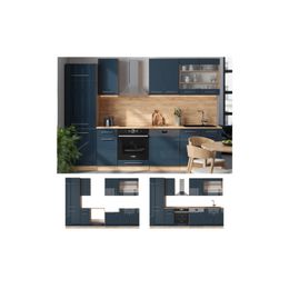 VICCO K&uuml;chenzeile Fame-Line Eiche Dunkelblau Hochglanz 300 cm mit Arbeitsplatte Anthrazit