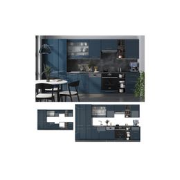 VICCO K&uuml;chenzeile Fame-Line Anthrazit Dunkelblau Hochglanz 355 cm mit Arbeitsplatte Eiche