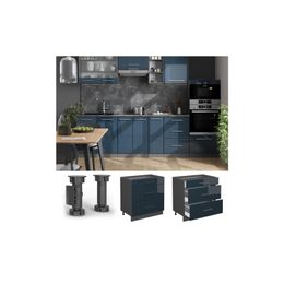 VICCO Schubladenunterschrank Fame-Line Anthrazit Dunkelblau Hochglanz 80 cm mit Arbeitsplatte Wei&szlig;-Marmor